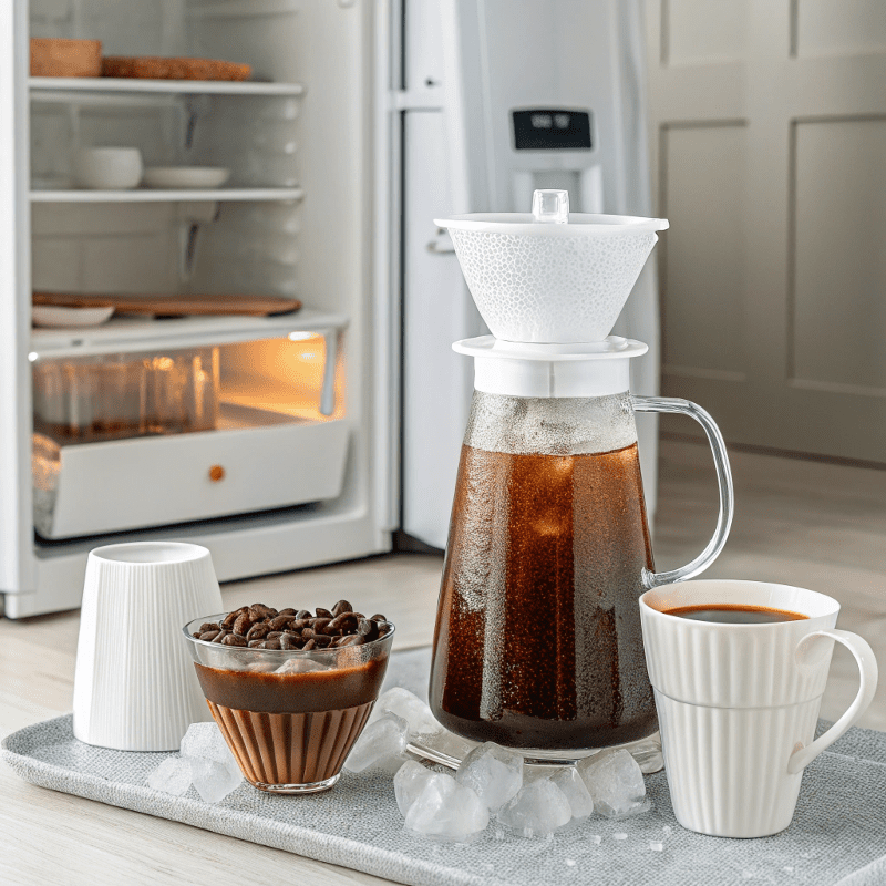 Homemade cold brew coffee in glass jar with ice cubes and coffee beans