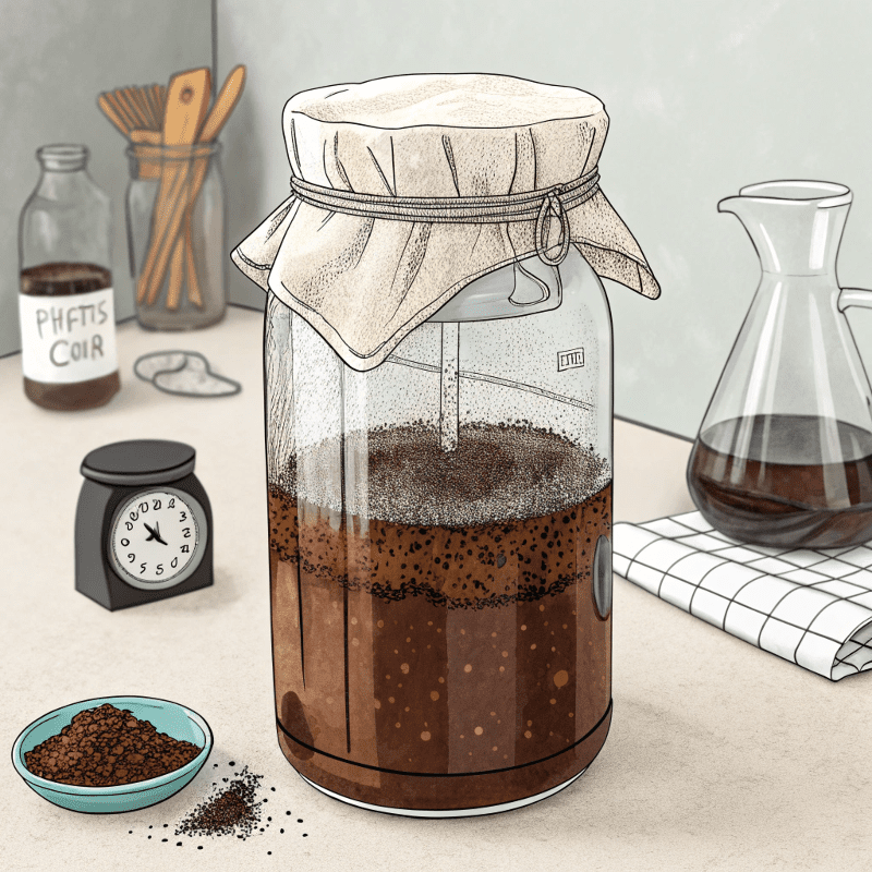 Homemade cold brew coffee in glass jar with ice cubes and coffee beans