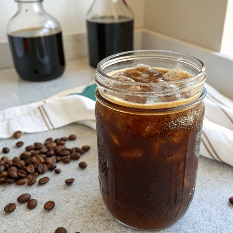 Homemade cold brew coffee in glass jar with ice cubes and coffee beans